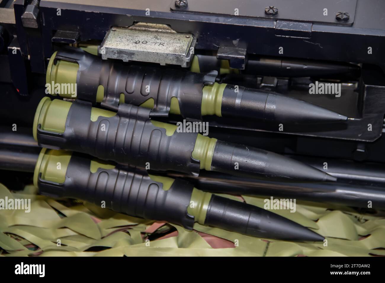 Close up of of bullets 11,8mm caliber in a coaxial machine gun, exposed ...