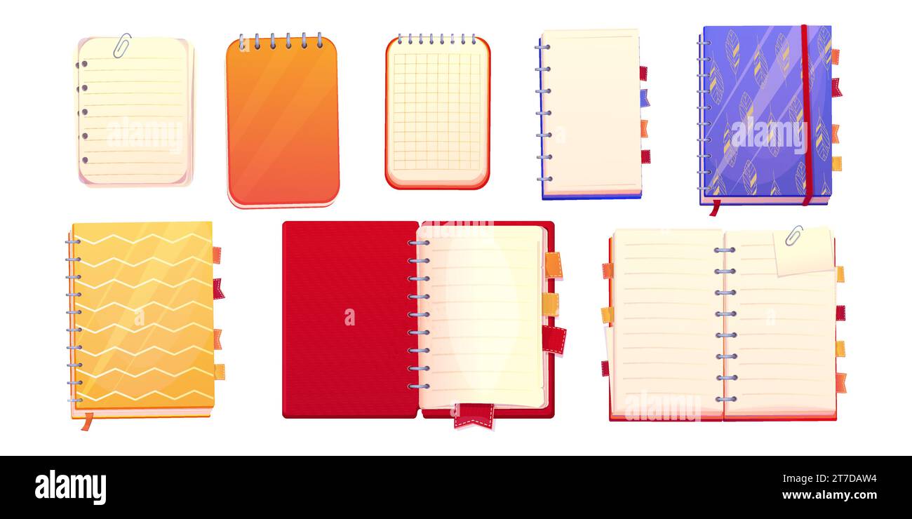 Set diary, note book in cartoon style top view, open, closed isolated ...