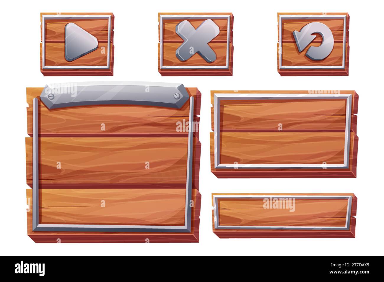 Set Wood panel with metal border, frame menu in cartoon style isolated ...