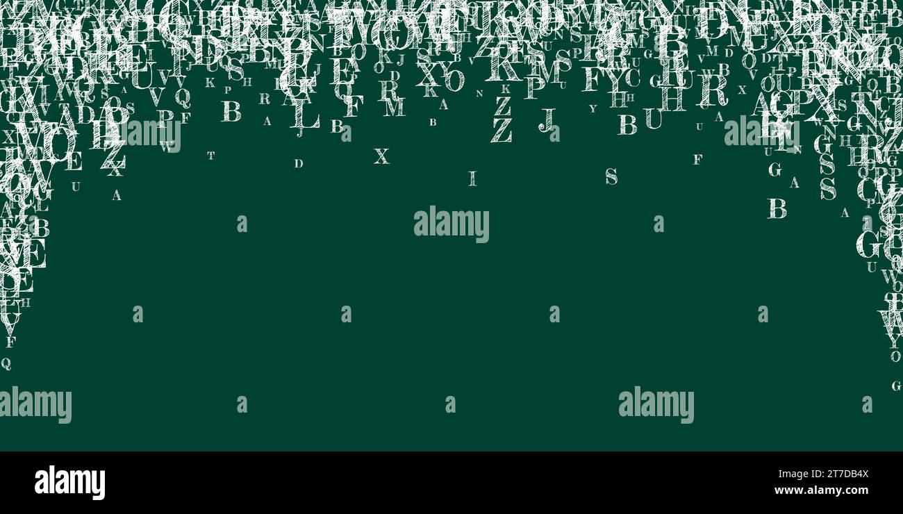 School notebook cover. White chalk floating letters of Latin alphabet ...