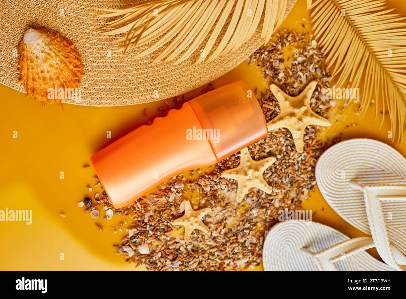 Flat lay, top view Sunscreen tube mockup with shells Stock Photo - Alamy