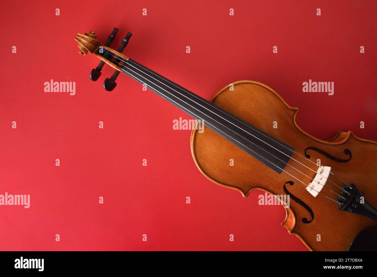Traditional violin cut diagonally on isolated gradient romantic red ...