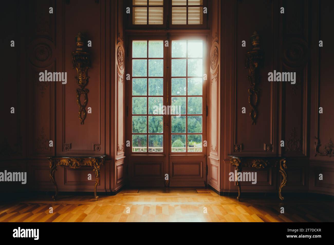 Beautiful hall in victorian style in Benrath castle, pink walls and big ...