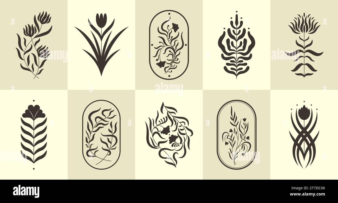 Modern abstract floral elements. Flower doodle botanies silhouettes ...