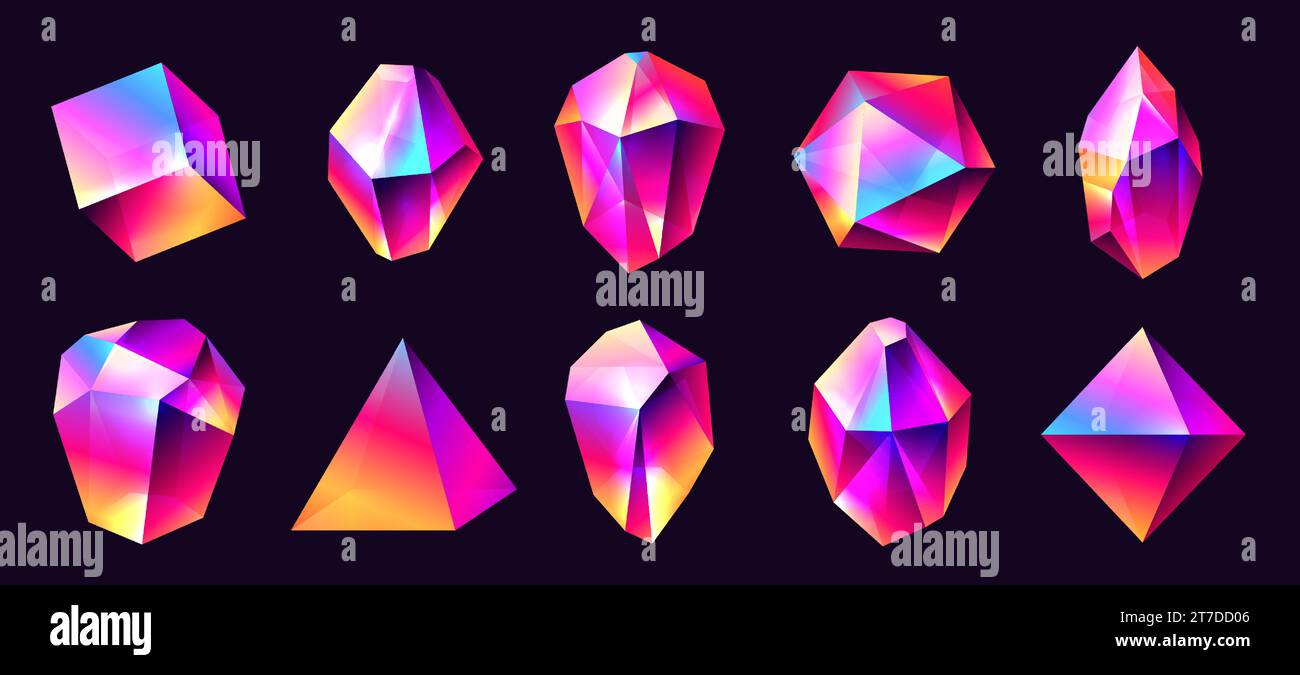 Abstract crystals. Magic jewel stones with rainbow reflections, glossy ...