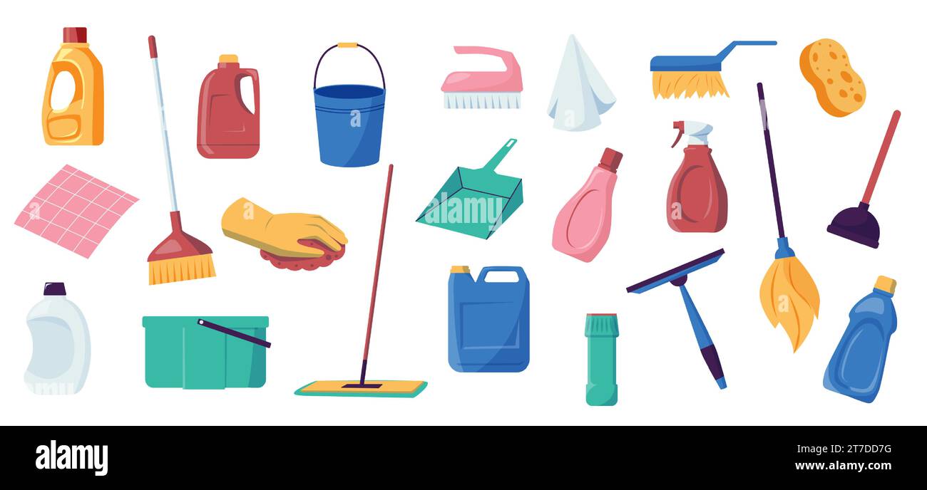 House cleaning tools. Washing and cleaning equipment, rubber gloves ...