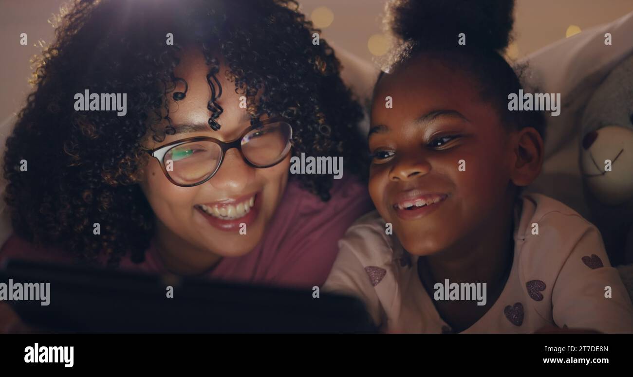 Mom Daughter And Tablet At Night With Internet For Movie Cartoon Or 2959
