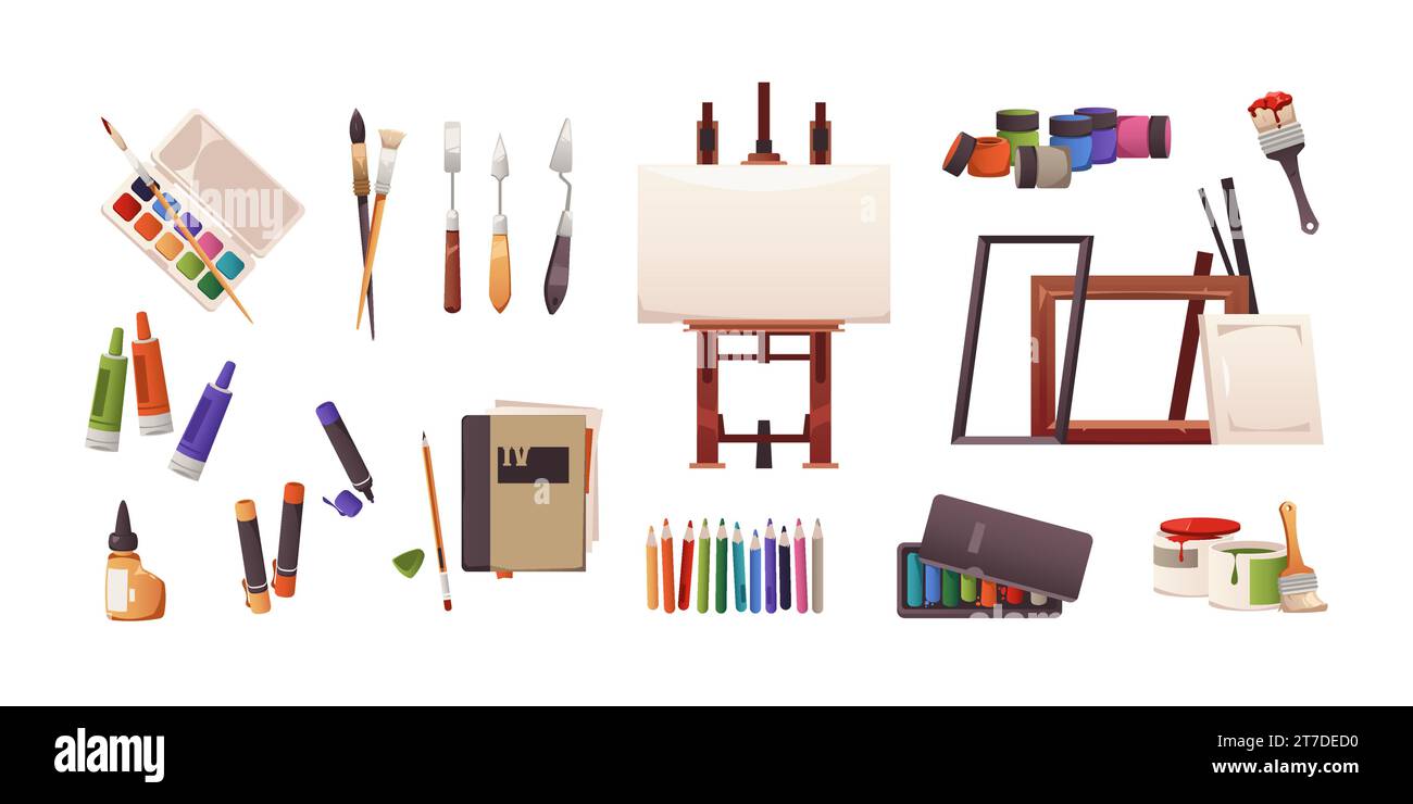 Art equipment. Cartoon paintbrush pencil palette, hobby painting tools ...