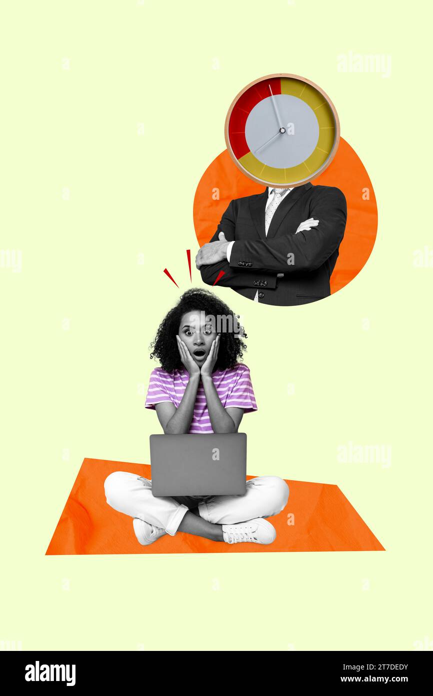 Collage image of afraid scared woman confident boss control deadline ...
