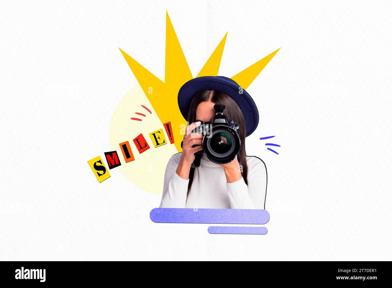 Creative collage image of focused woman in hat photographer shooting ...