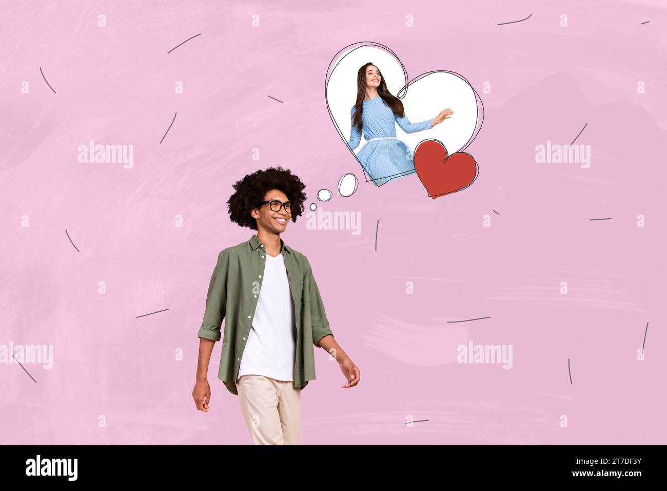 Poster collage image of handsome smiling man imagine beautiful girl ...