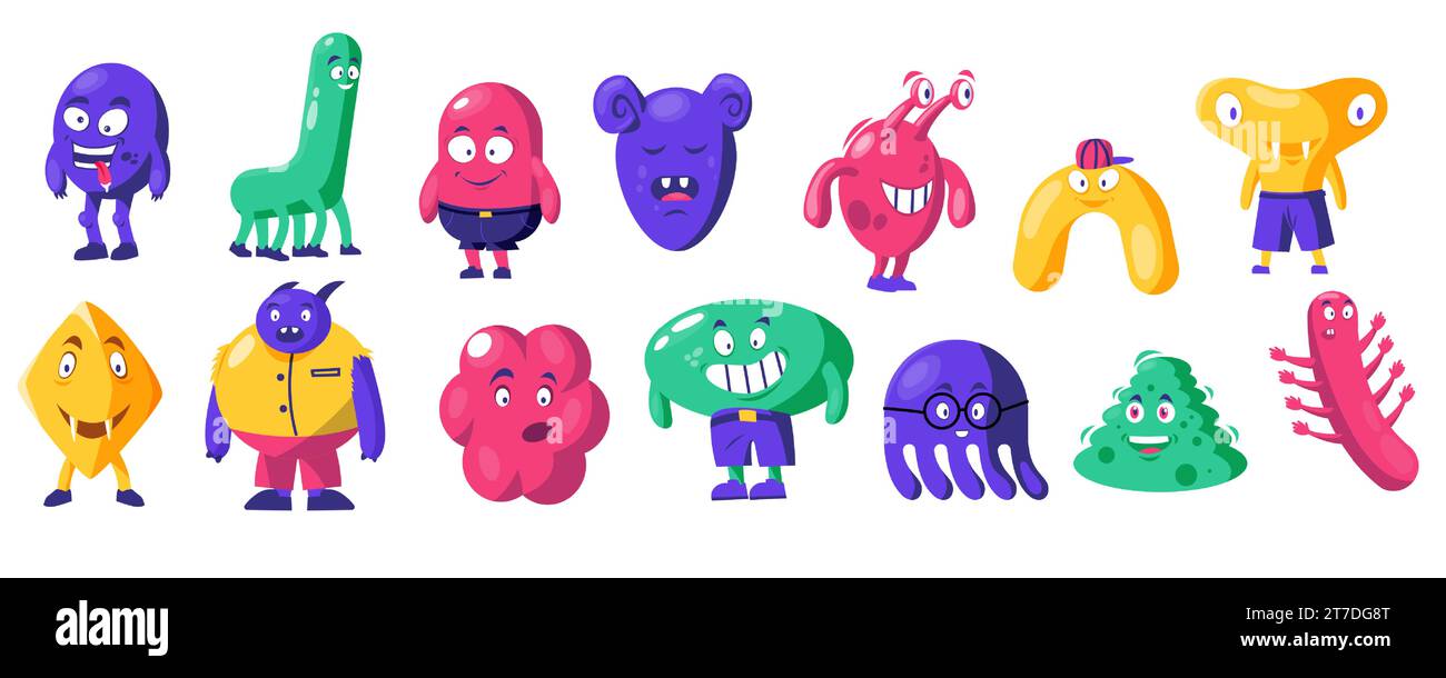 Cute abstract monsters. Doodle funny shapes alien characters with ...