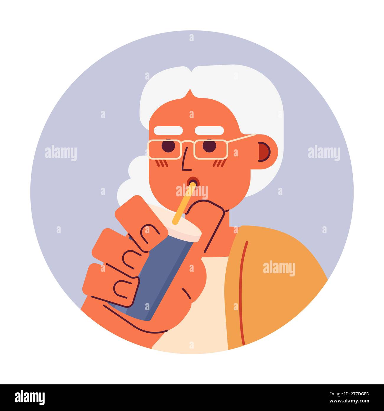 Arab retiree senior woman sipping straw 2D vector avatar illustration ...