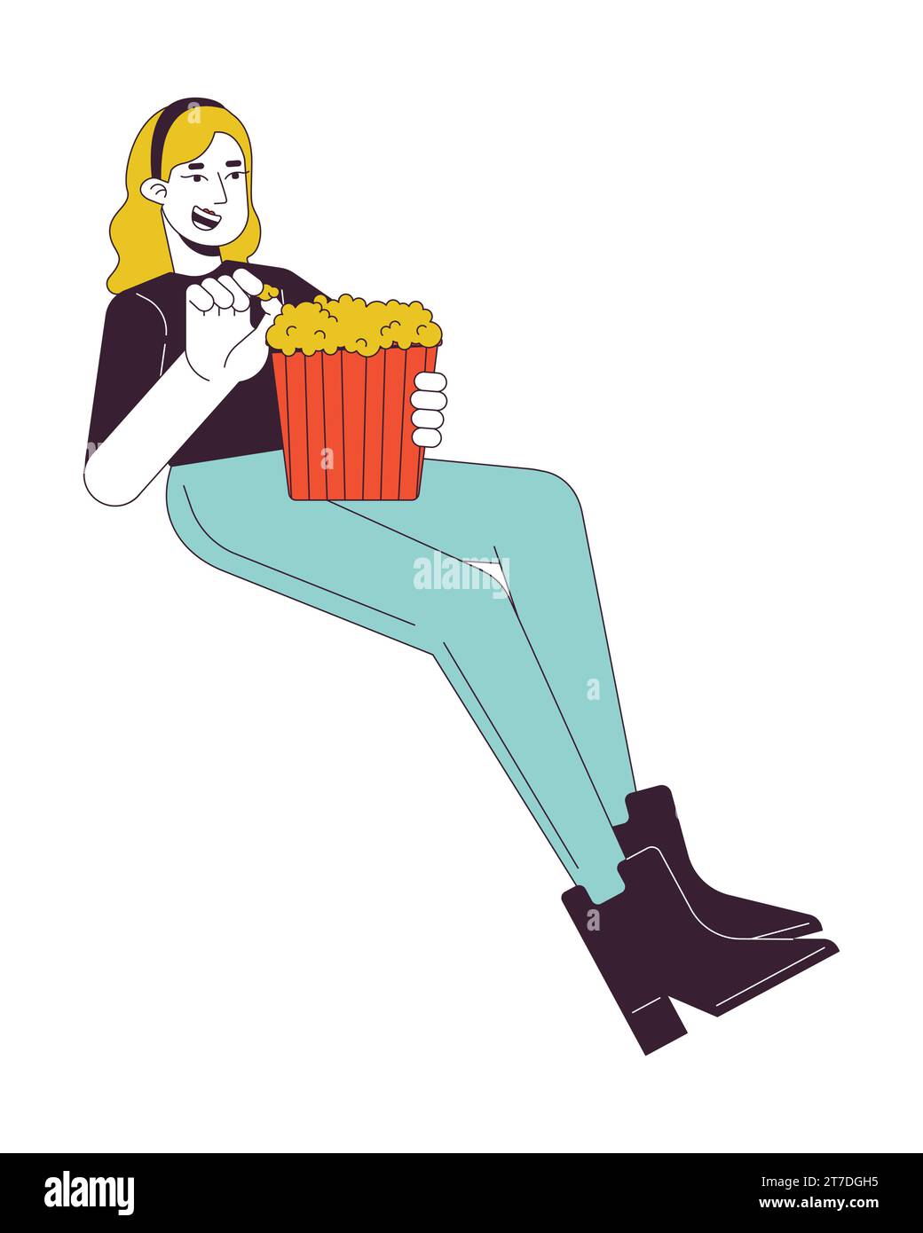 Blonde caucasian woman eating popcorn 2D linear cartoon character Stock ...