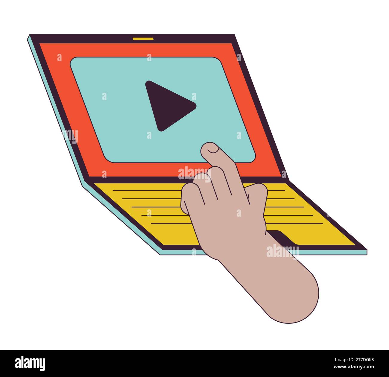 Watching streaming platform on laptop linear cartoon character hand ...