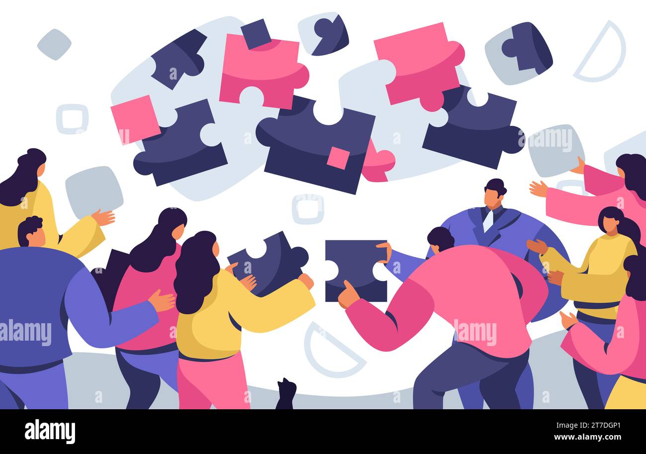 Teamwork concept. Horizontal abstract group characters solving problem ...