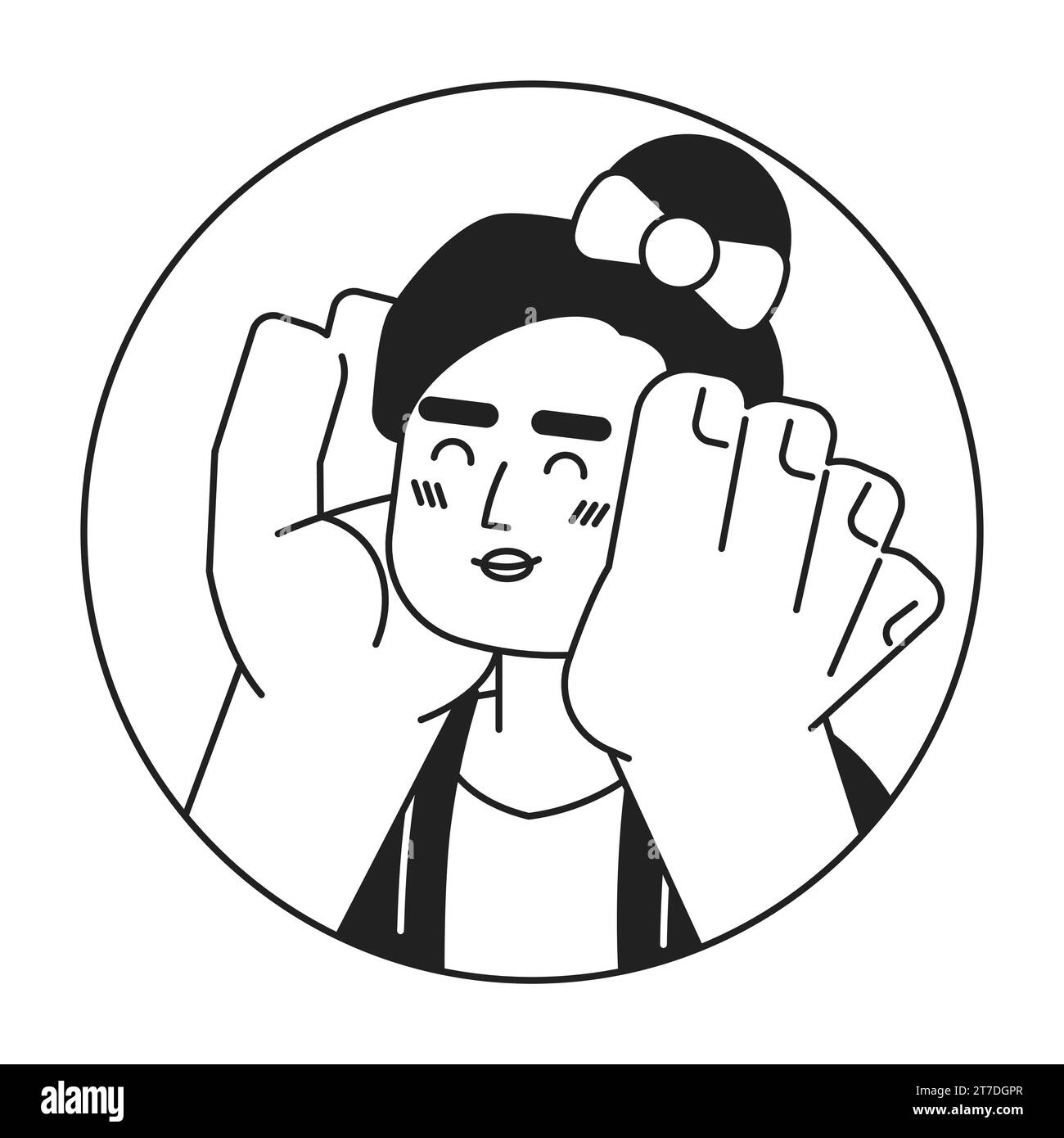 Caucasian young woman hands on cheeks smiling black and white 2D vector ...