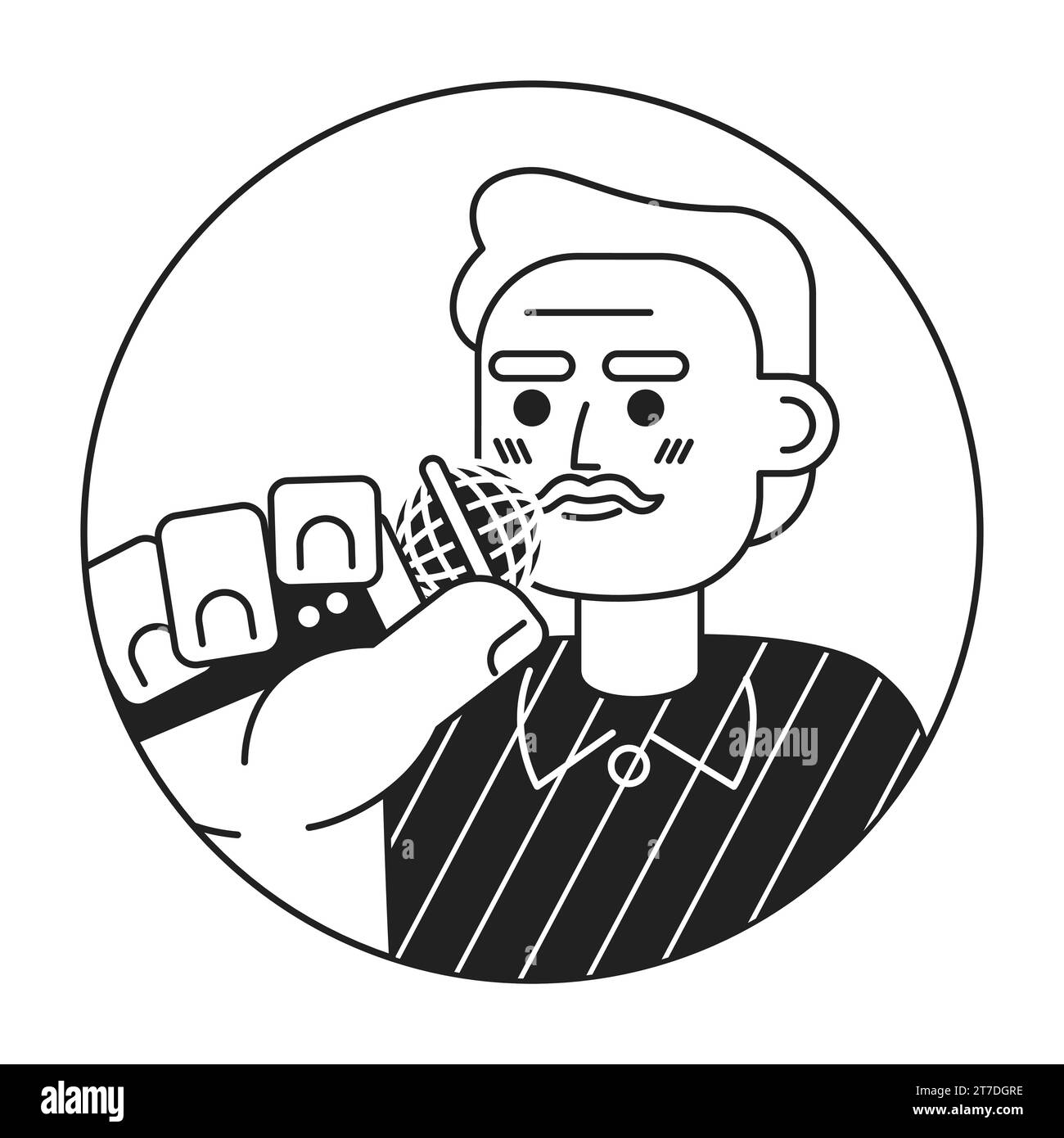 Gray hair caucasian senior man holding mic black and white 2D vector avatar illustration Stock ...