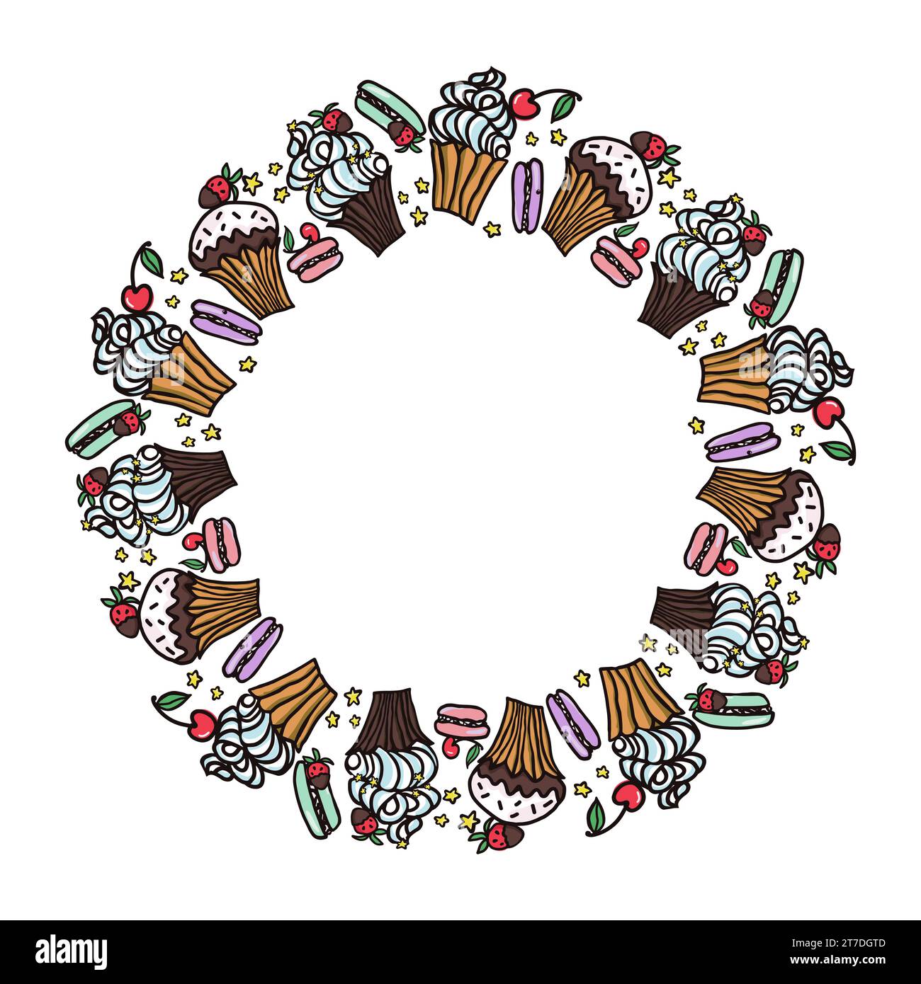 Sweet cake vector circle frame with desserts. Macaroon, muffin, pudding ...