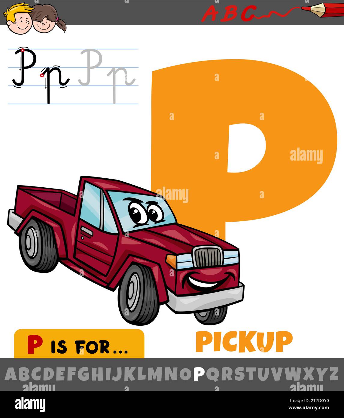 Educational cartoon illustration of letter P from alphabet with pickup ...