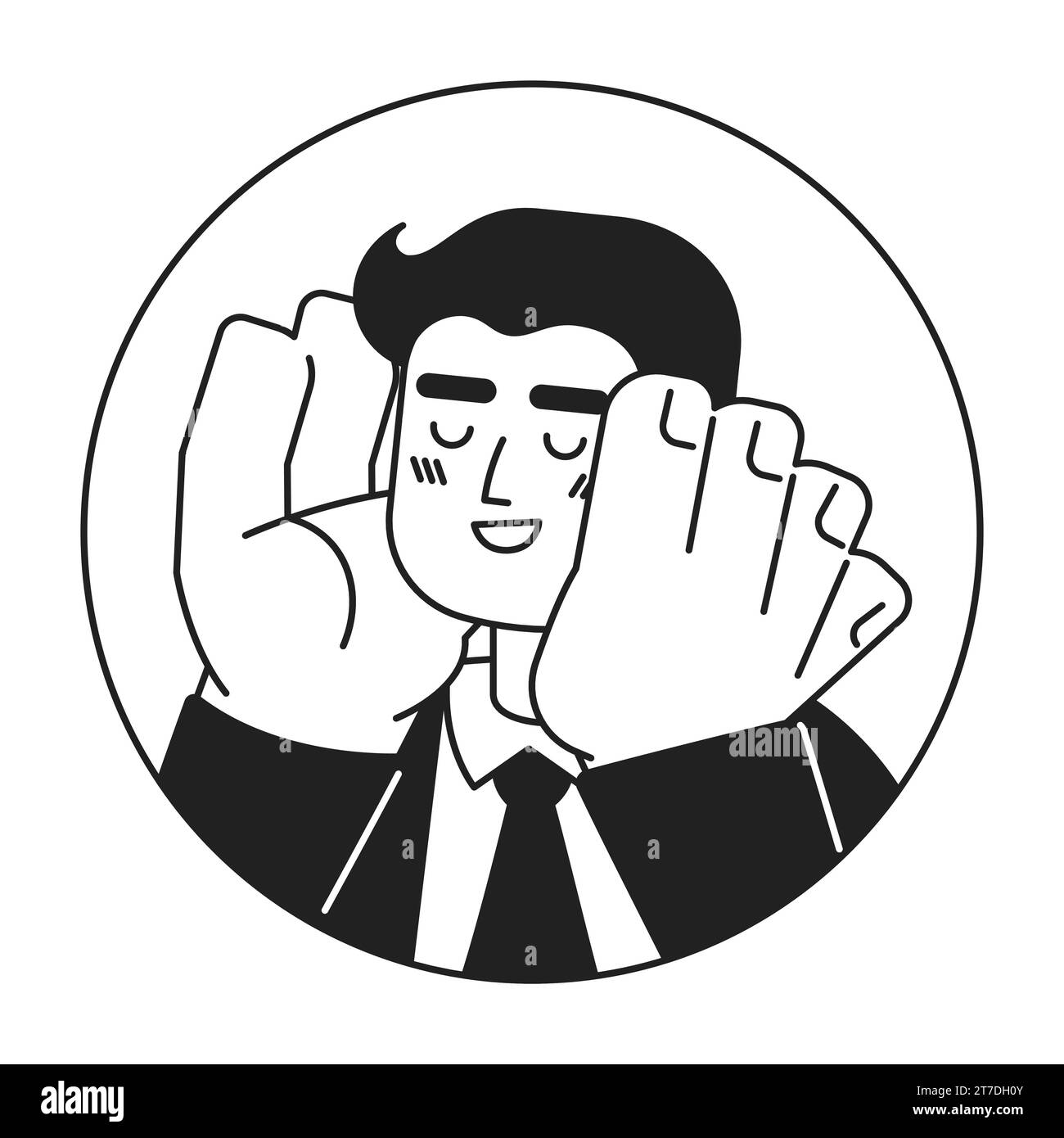 Caucasian office employee guy smiling hands on face black and white 2D ...