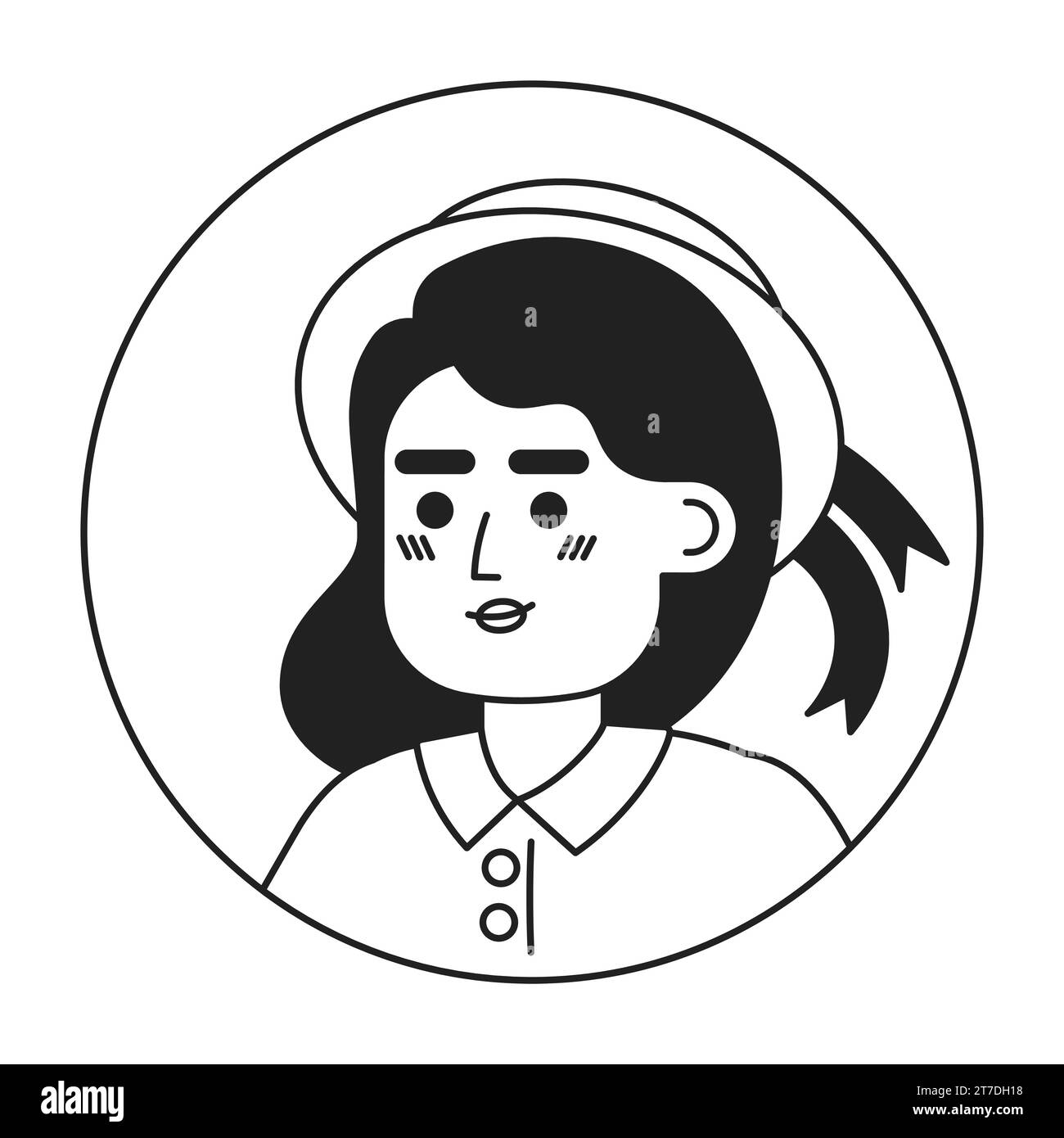 Summer hat woman caucasian pretty smiling black and white 2D vector ...