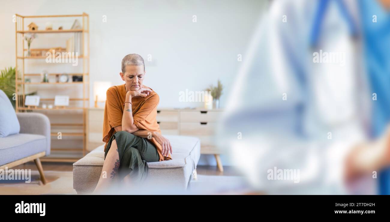 Anxiety and senior woman thinking of mental health problem on the living room sofa in house. Sad ...