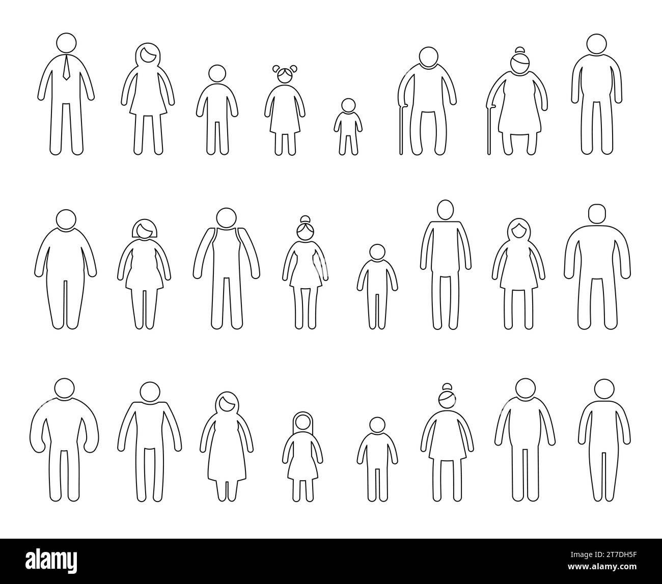 Stick people line icons. Simple outline human characters with hands and ...