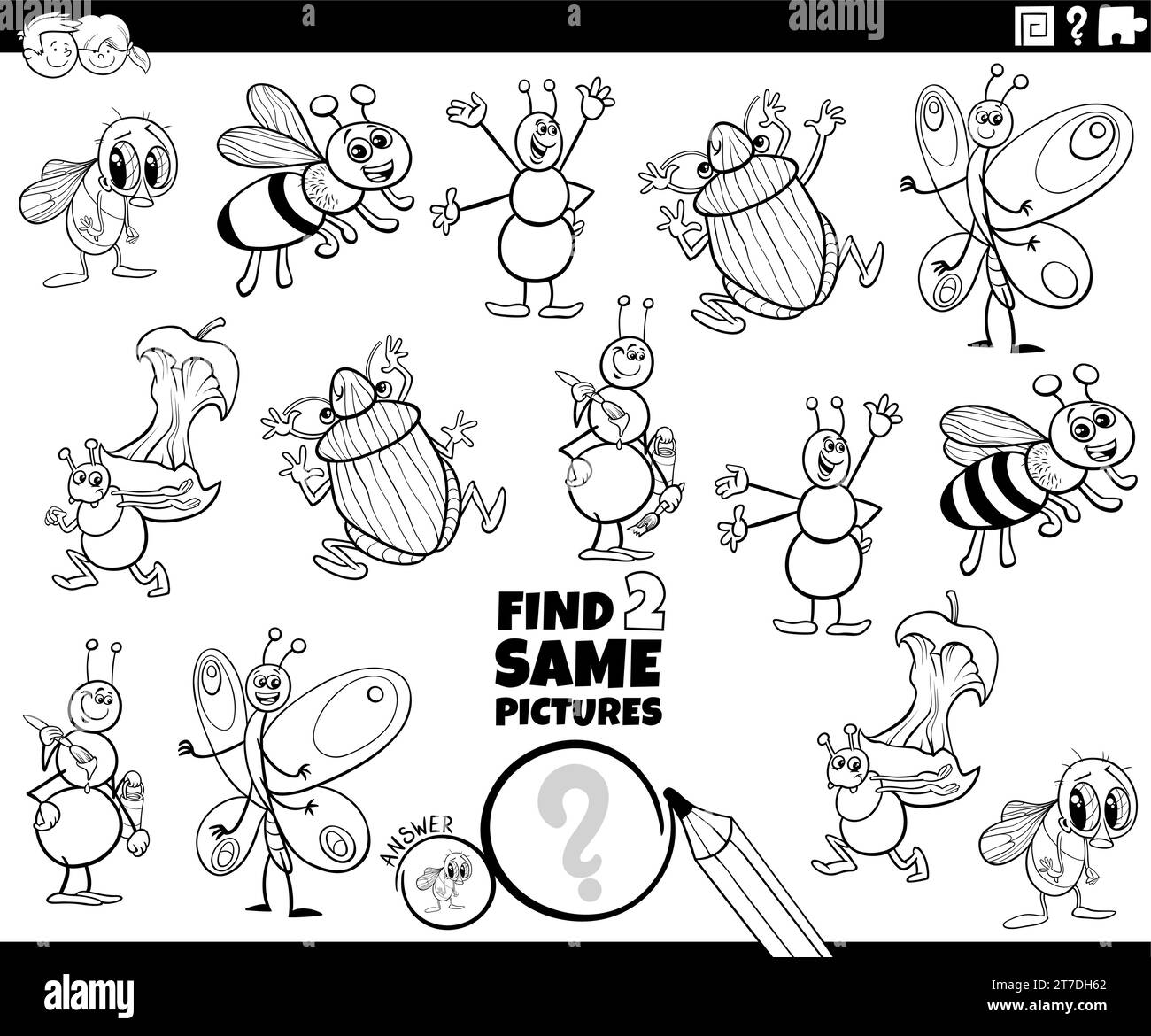 Cartoon illustration of finding two same pictures educational activity ...