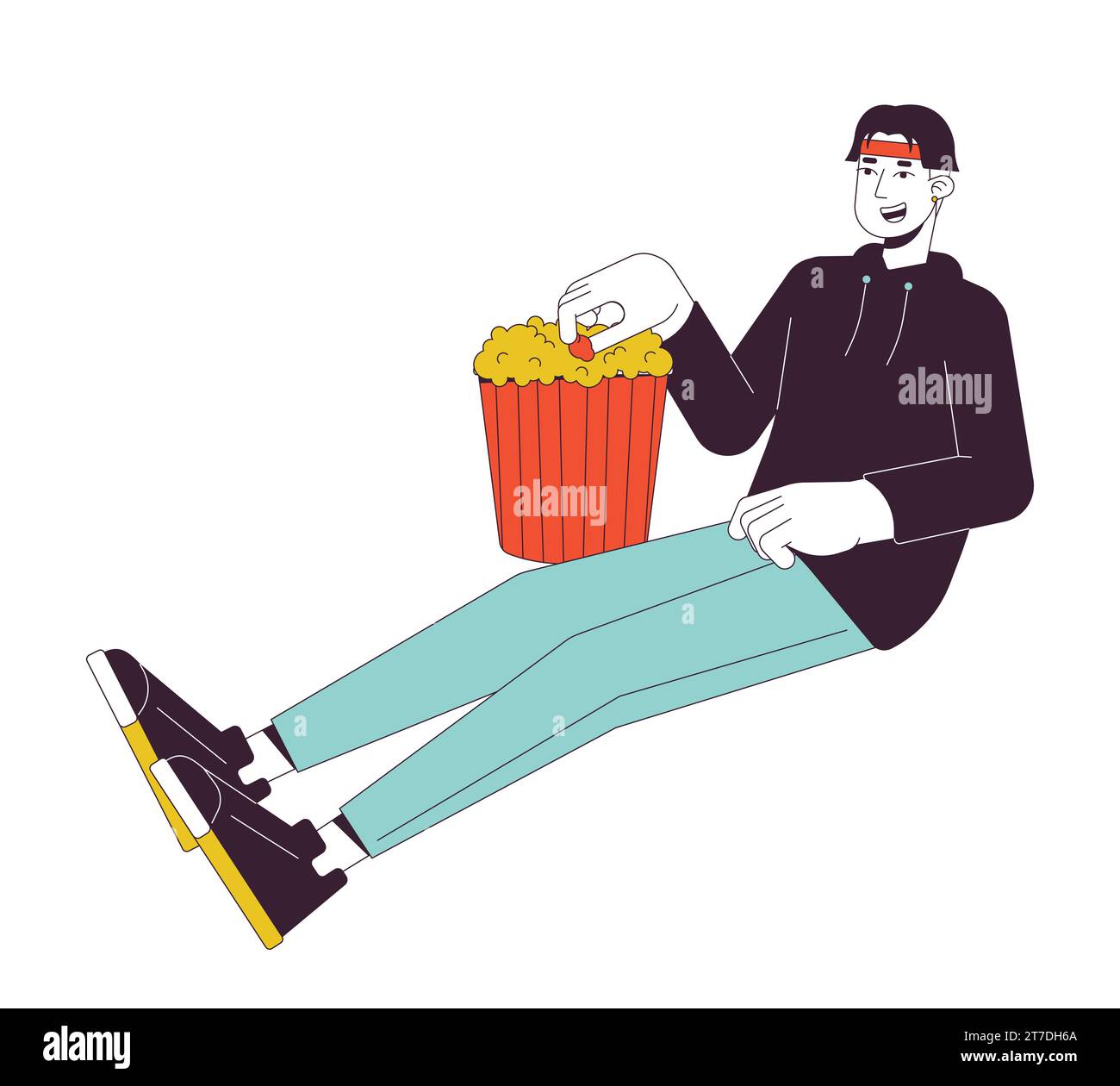 Korean young adult man taking popcorn from bucket 2D linear cartoon ...