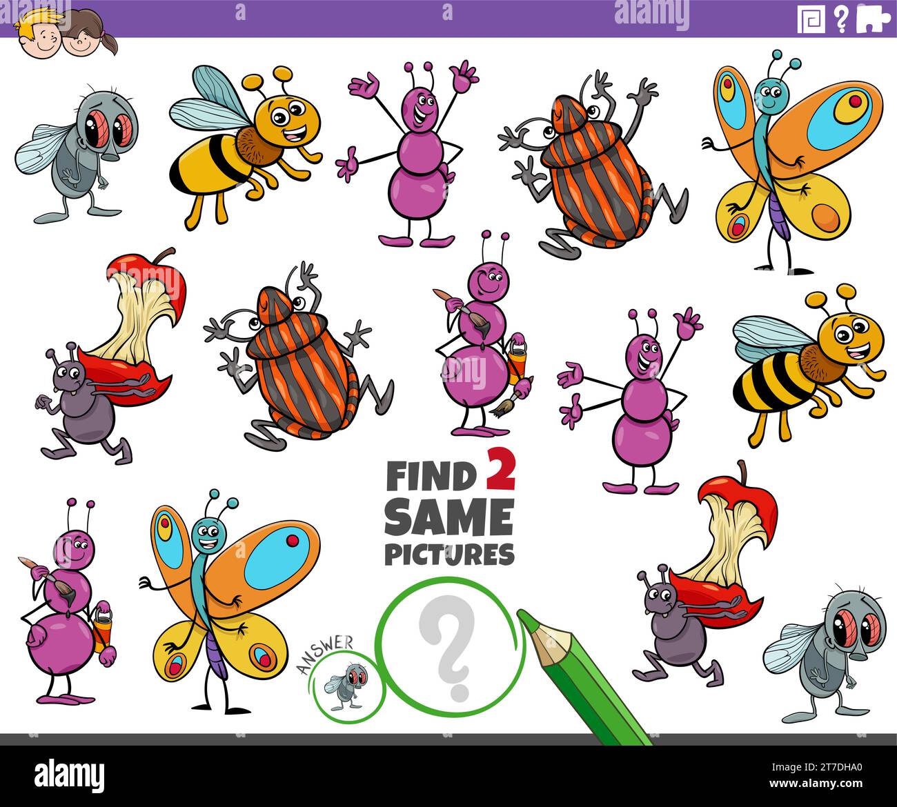 Cartoon illustration of finding two same pictures educational activity ...