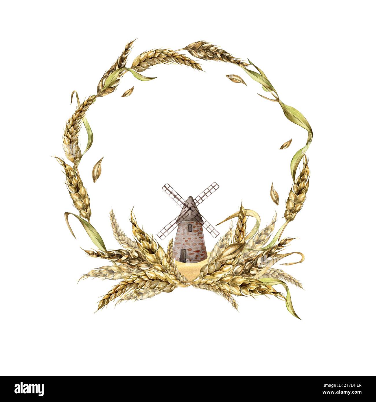 Circle frame of wheat ears and a mill watercolor illustration isolated ...