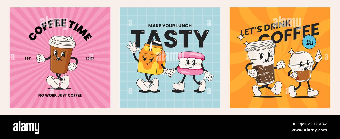 Retro cartoon drinks posters. Cafe menu cover with funny mascots and ...