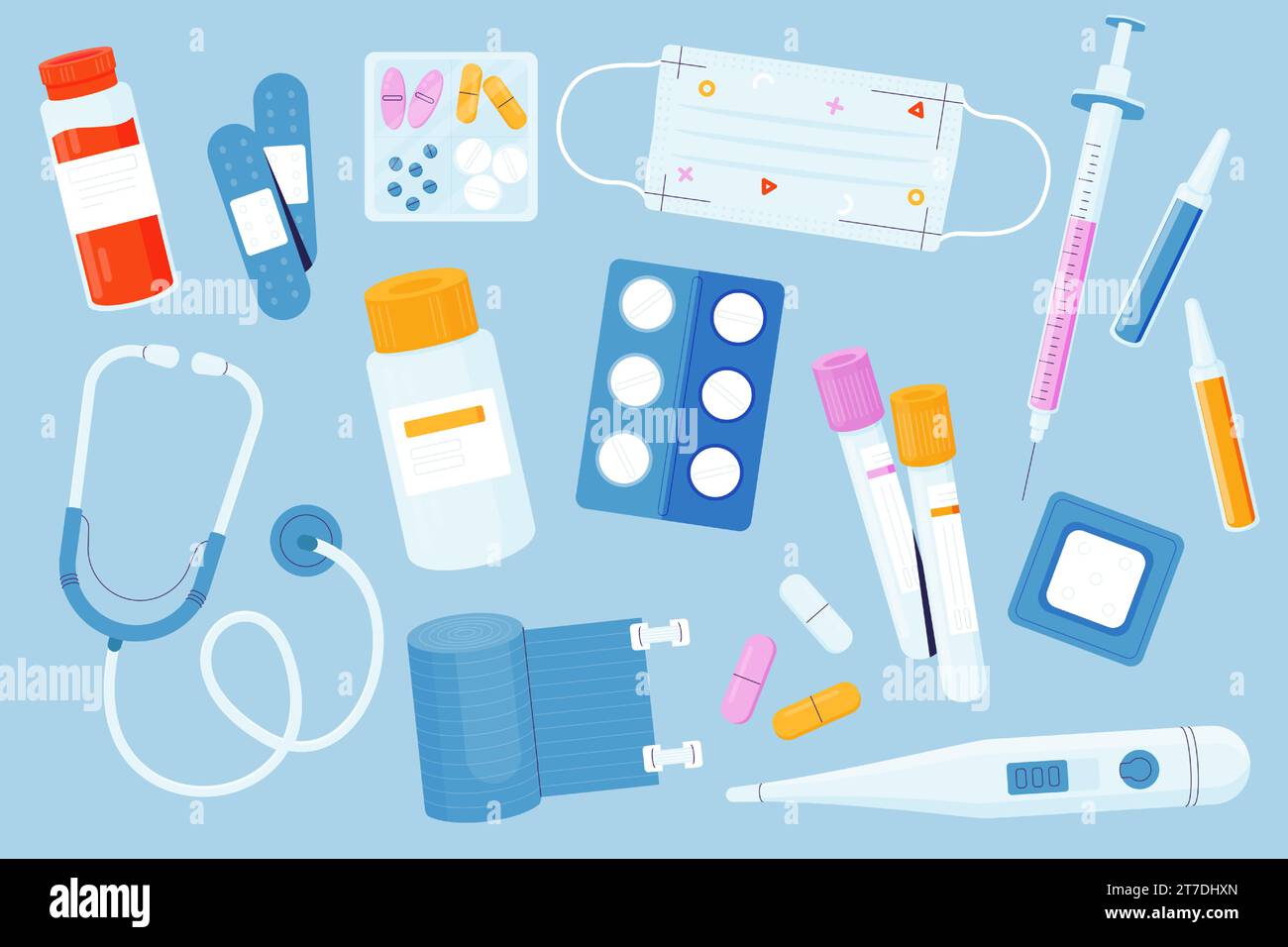 Cute pharmacy elements. Cartoon syringe and vial with medicine, pills ...