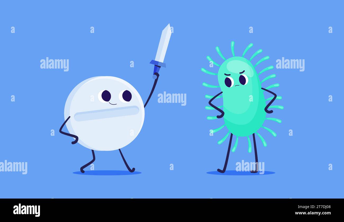 Cartoon pills fight virus. Antibiotic medication capsule, cute colorful ...