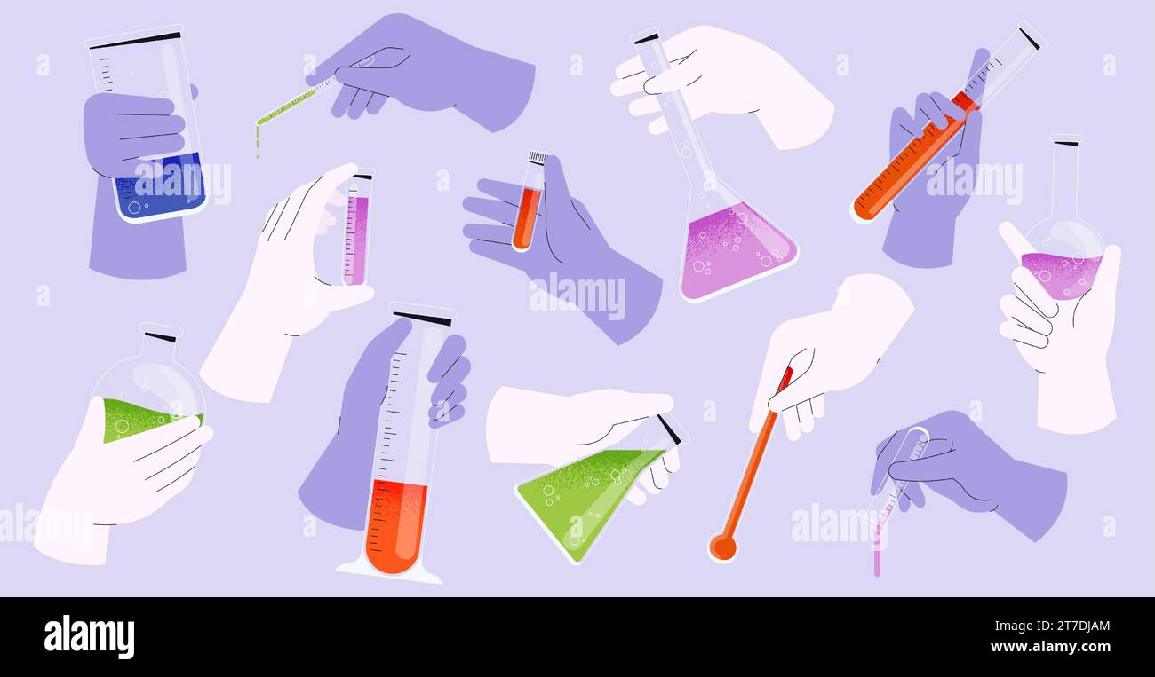 Hands with chemicals. Medical scientist with test tubes and measuring ...