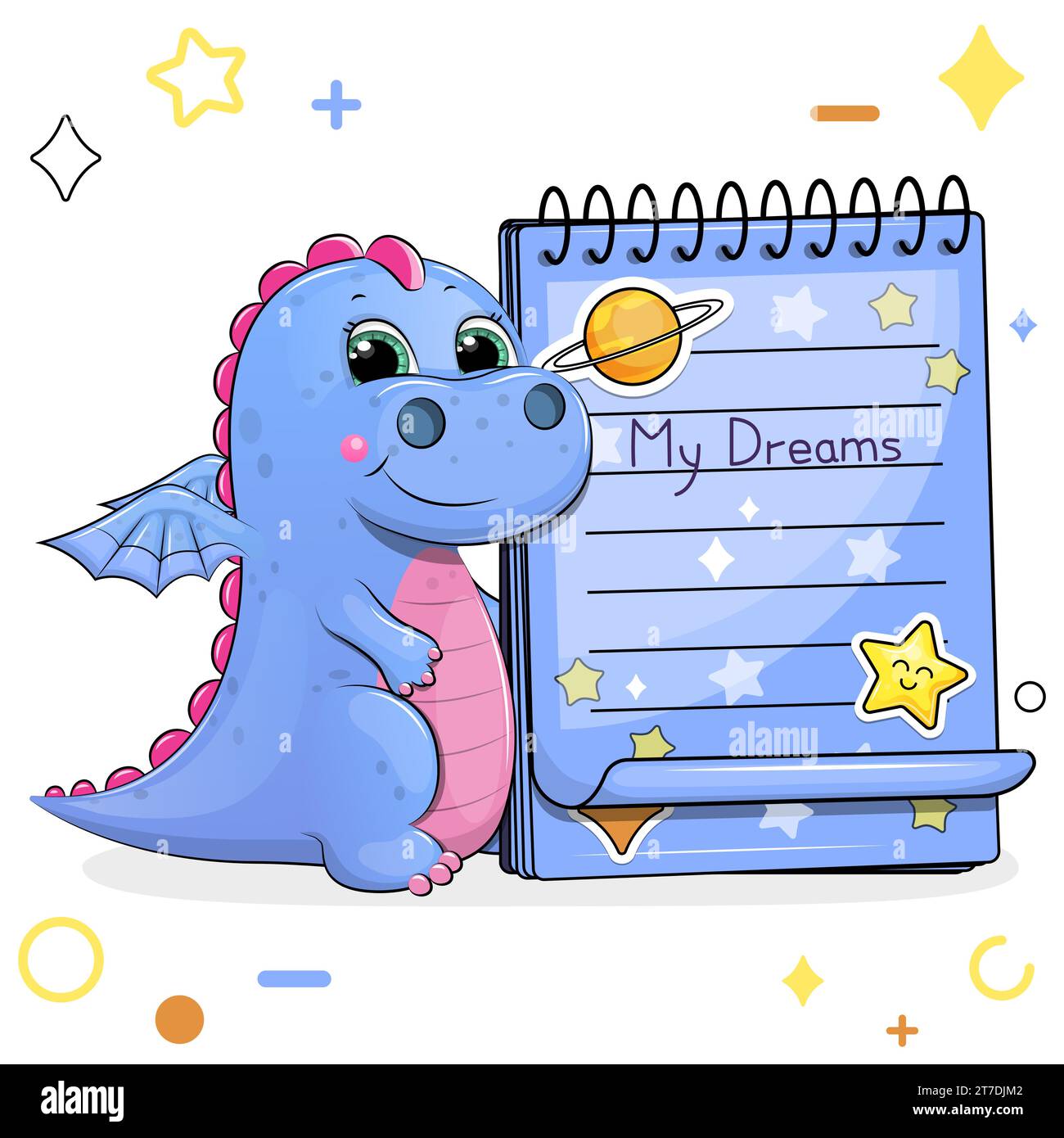 A cute cartoon dragon with a blue notebook with stickers. Vector ...