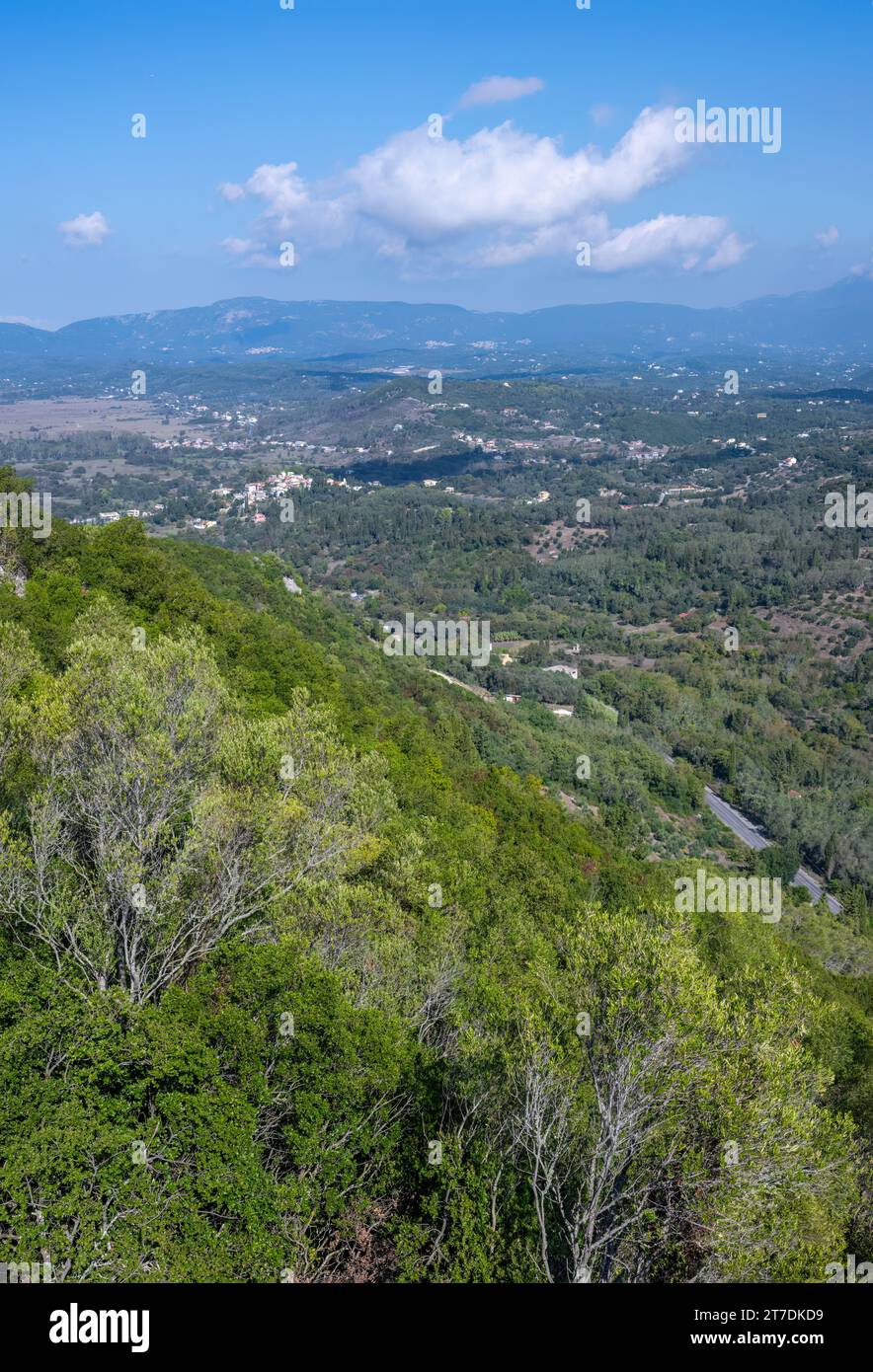 An elevated view across the countryside around Pelekas, in Corfu ...