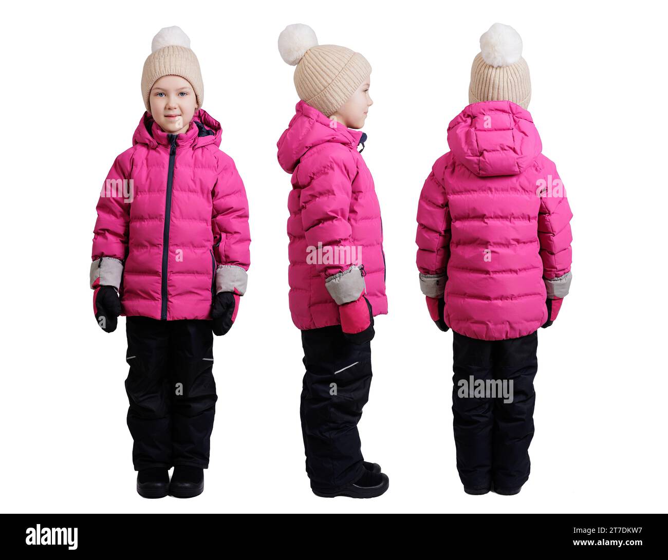 front and back view of little girl in winter look isolated on white ...