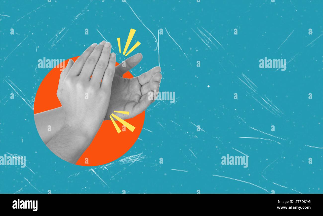 Art collage, clapping palms on blue background with space for text ...