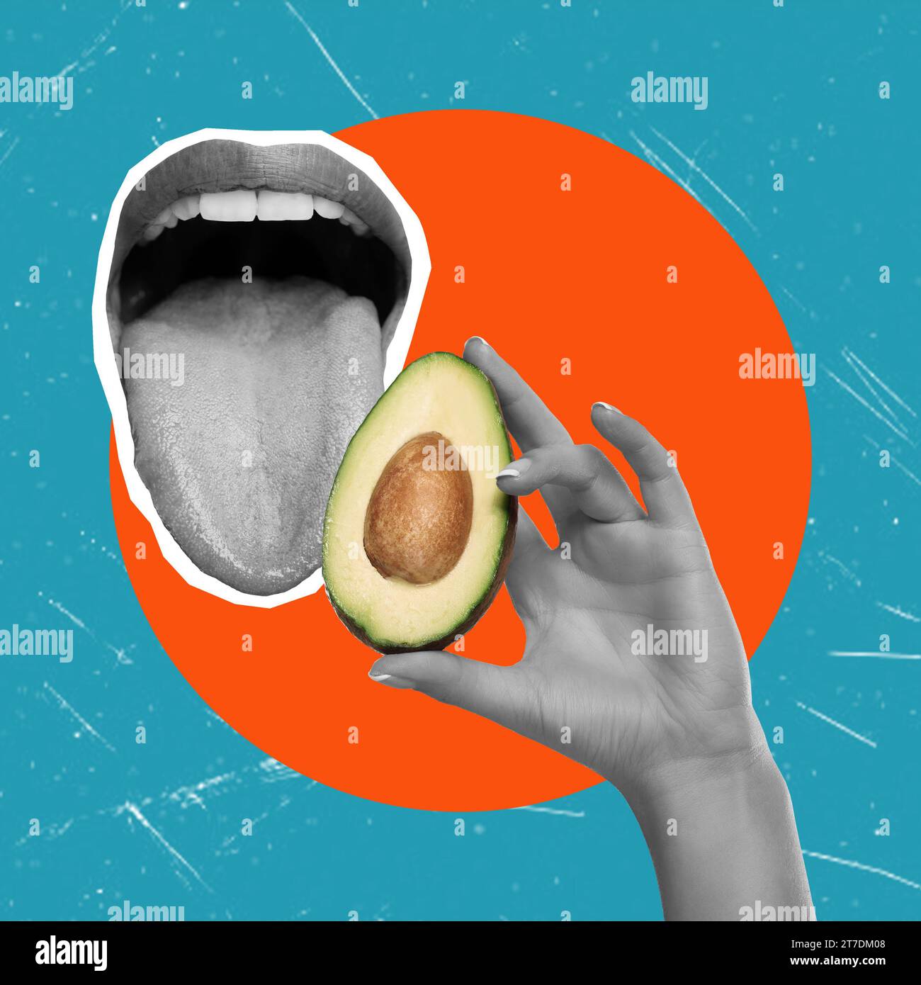 Art collage showing mouth and avocado in hand. Concept of healthy food ...