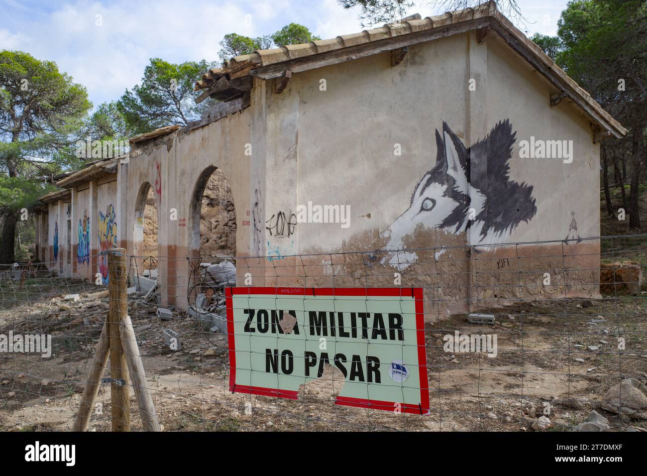 Mallorca, Spain - 22 Oct, 2023: Warning signs on an abandoned military ...