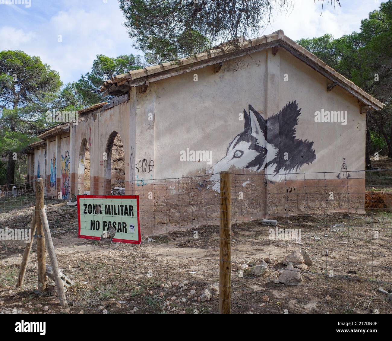Mallorca, Spain - 22 Oct, 2023: Warning signs on an abandoned military ...