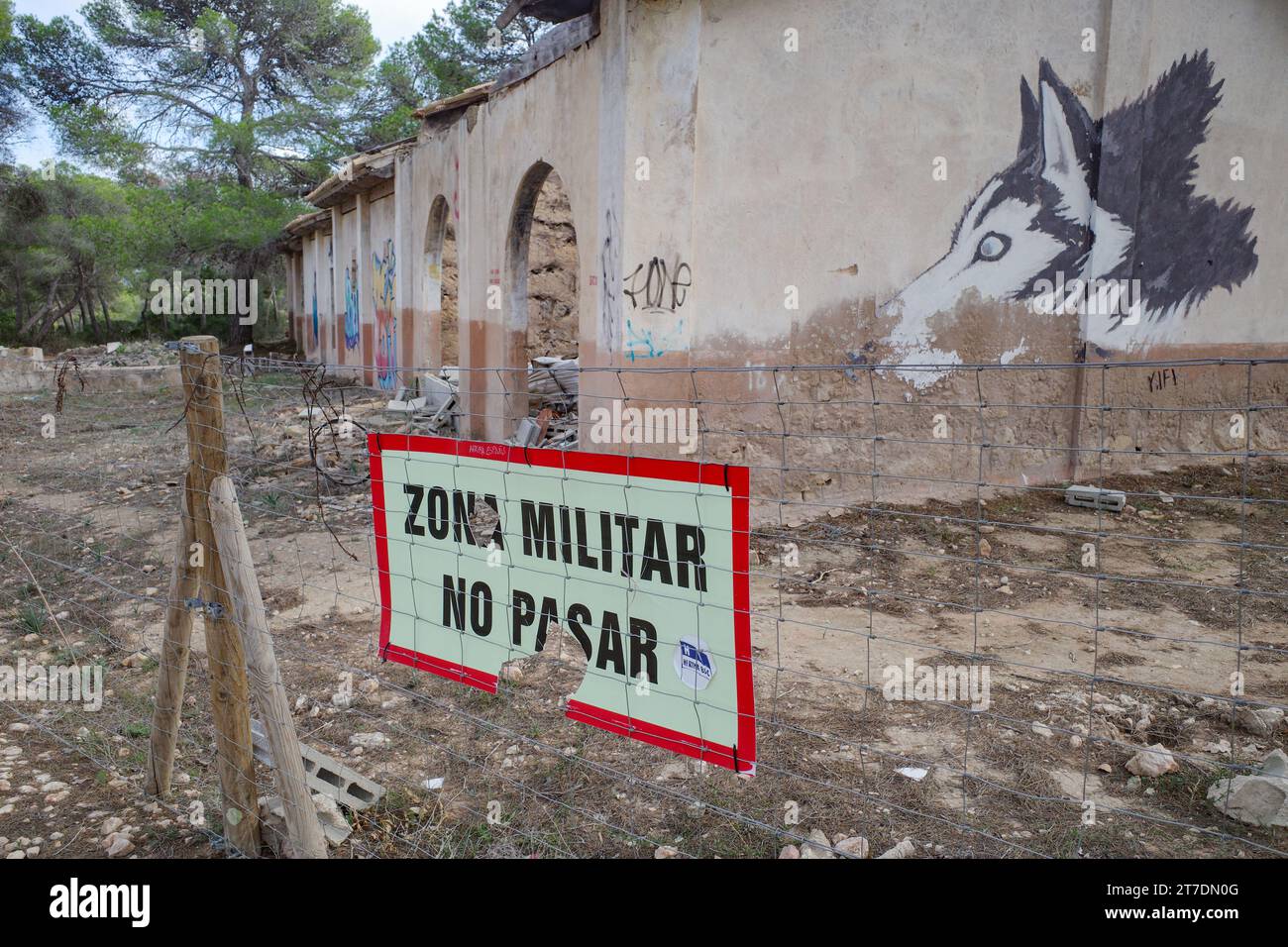 Mallorca, Spain - 22 Oct, 2023: Warning signs on an abandoned military ...