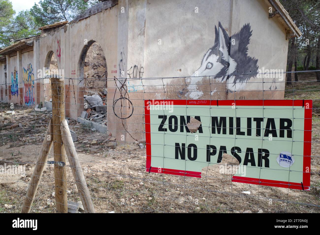 Mallorca, Spain - 22 Oct, 2023: Warning signs on an abandoned military ...