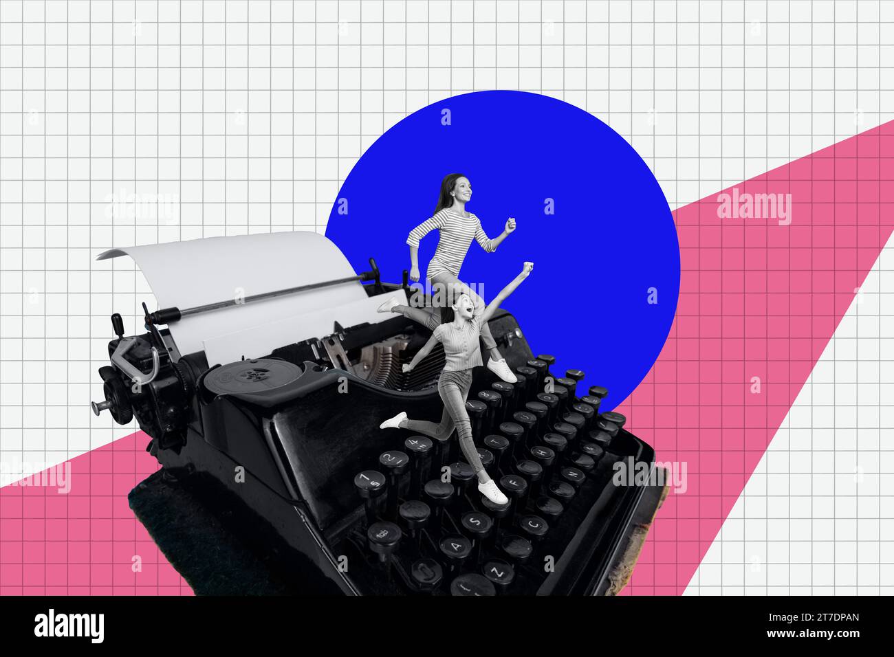 Collage creative picture of miniature funny girls running on retro ...