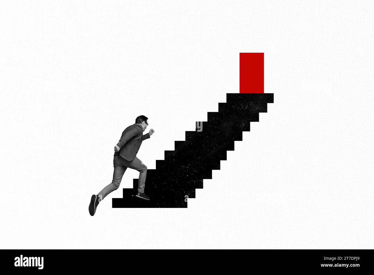 Creative artwork collage of motivated workaholic running on upstairs ...