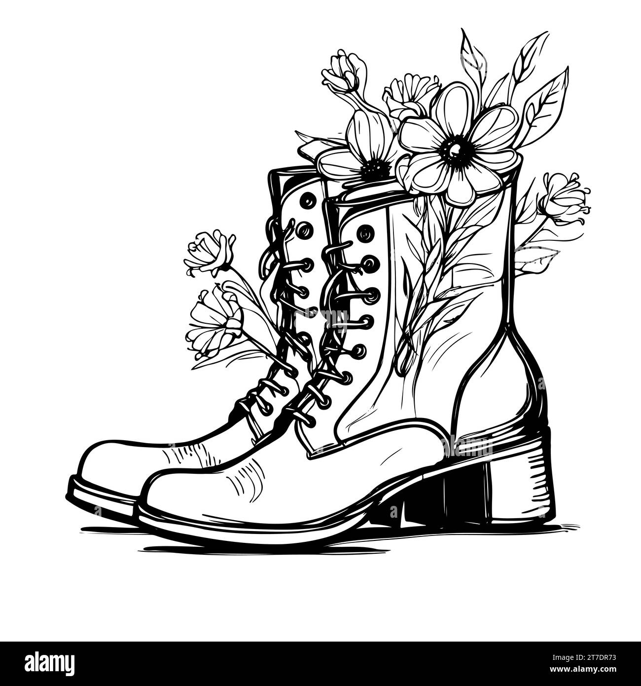 Sketch boots with Flowers isolated on white background. Sketch hand ...