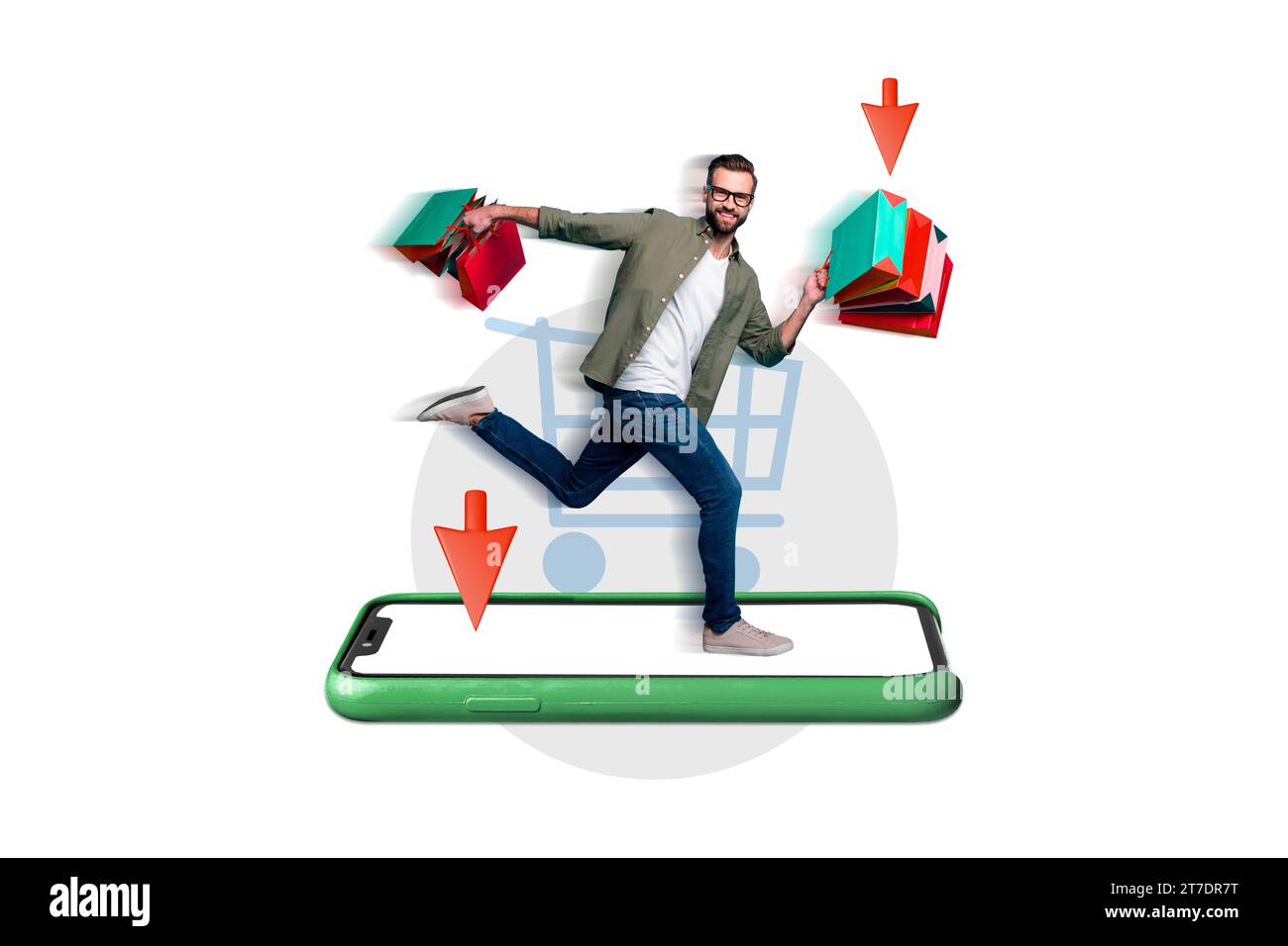 Artwork collage picture of happy mini guy hold bags run big smart phone ...