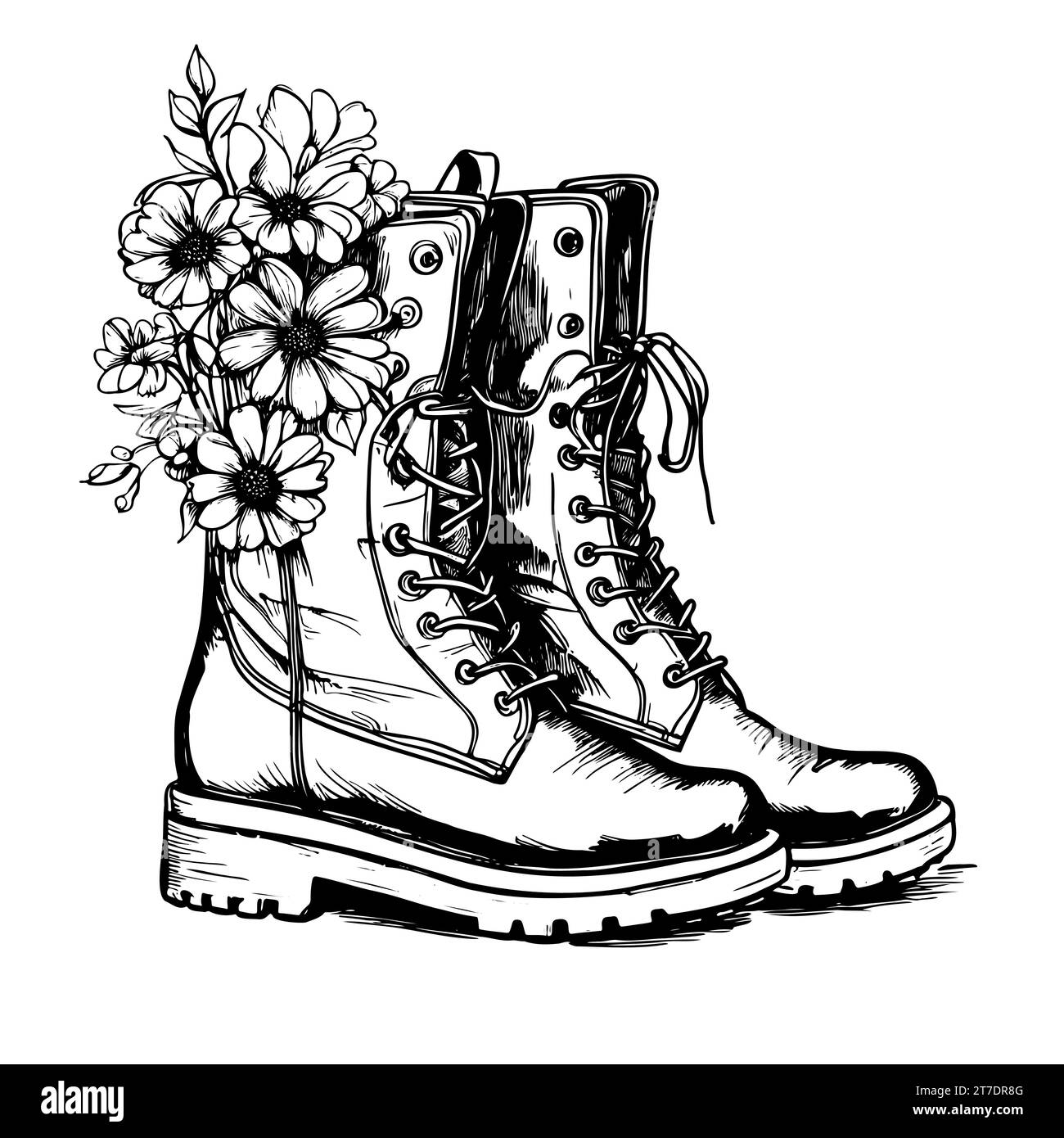 Sketch boots with Flowers isolated on white background. Sketch hand ...